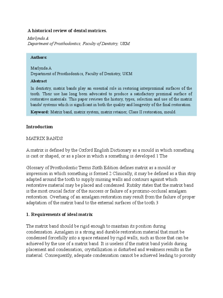 A Historical Review of Dental Matrices From MDJ | PDF | Matrix ...