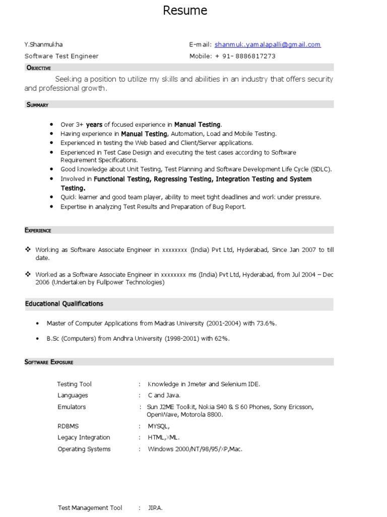 3 Years Software Test Engineer Resume | Web Service | Software
