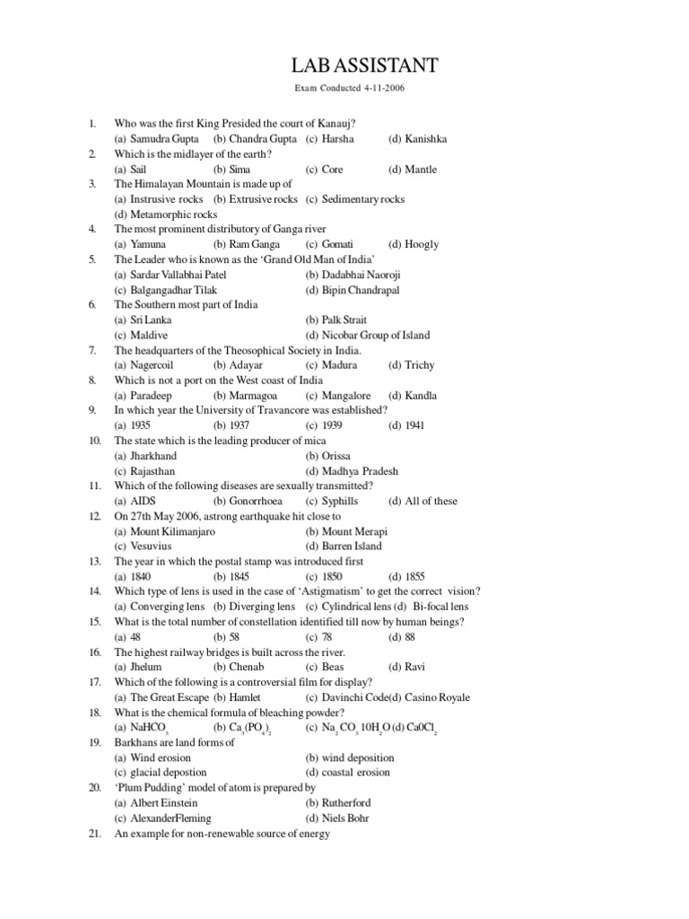 Lab Assistant: Exam Conducted 4-11-2006 | PDF | Carbon | Nature
