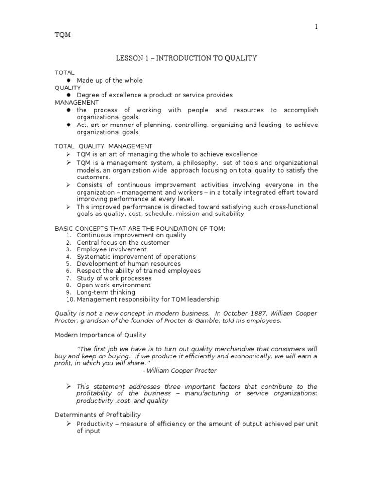 Lesson 1 - Introduction To Quality | Download Free PDF | Strategic ...