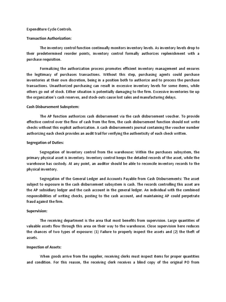 Expenditure Cycle Control Measures | PDF | Accounts Payable | Inventory