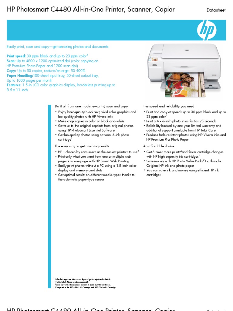 HP Photosmart C4480 Printer DataSheet | PDF | Image Scanner | Macintosh