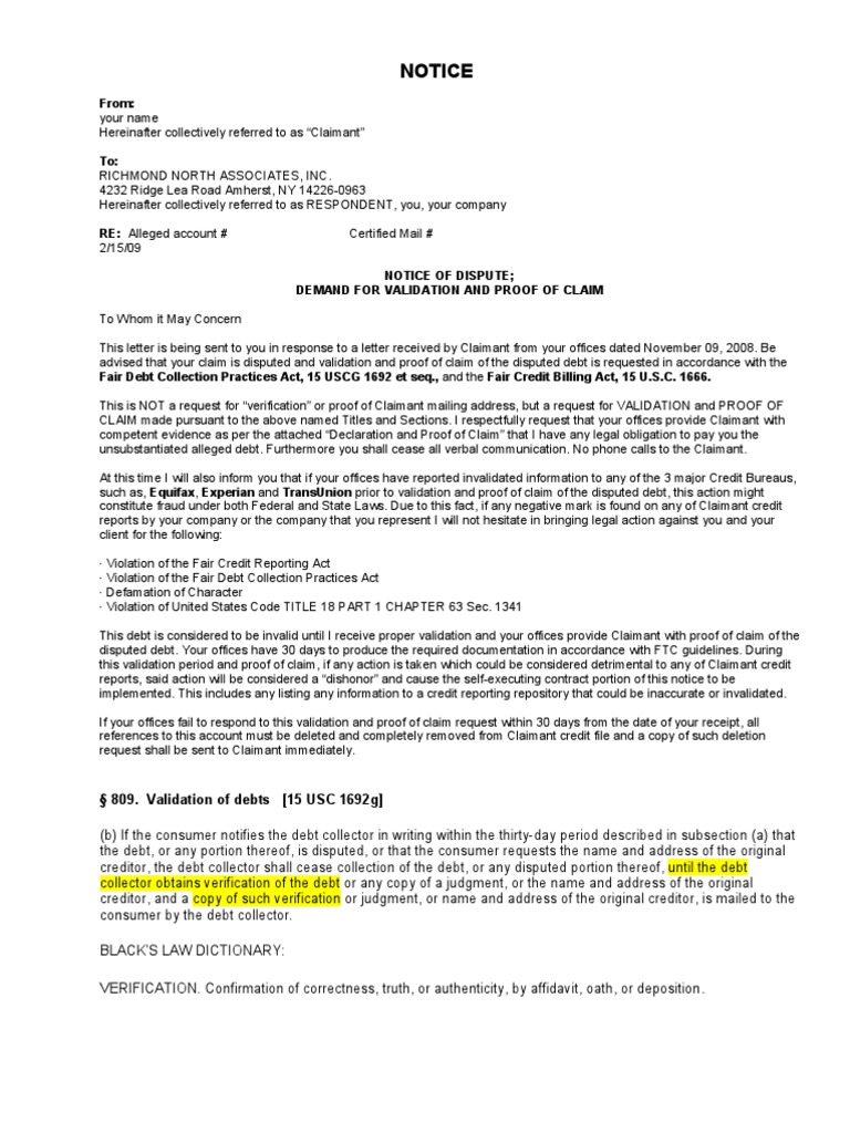Validation Proof of Claim | Collection Agency | Arbitration