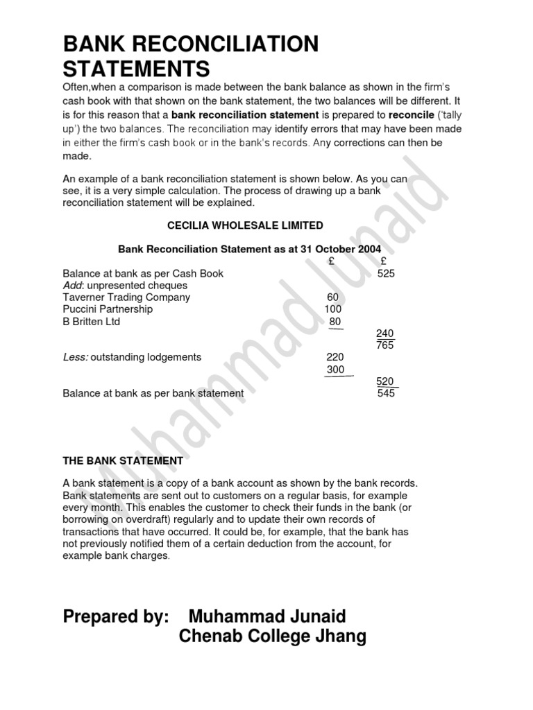 Bank Reconciliation Statement | PDF | Payments | Debits And Credits