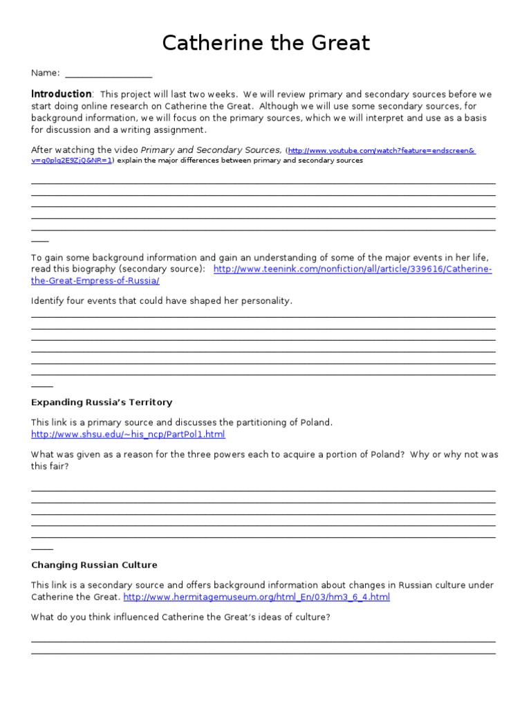 Catherine Worksheet | Primary Sources | Paragraph