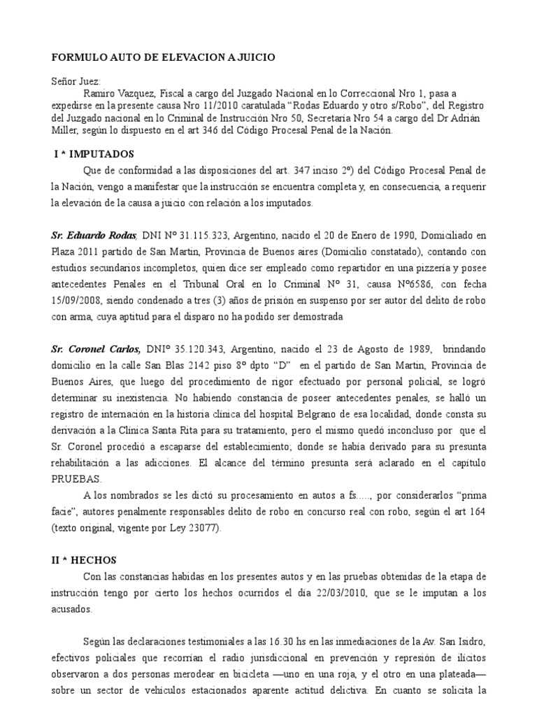 Formulario de Elevacion A Juicio 111 | PDF | Robo | Derecho penal