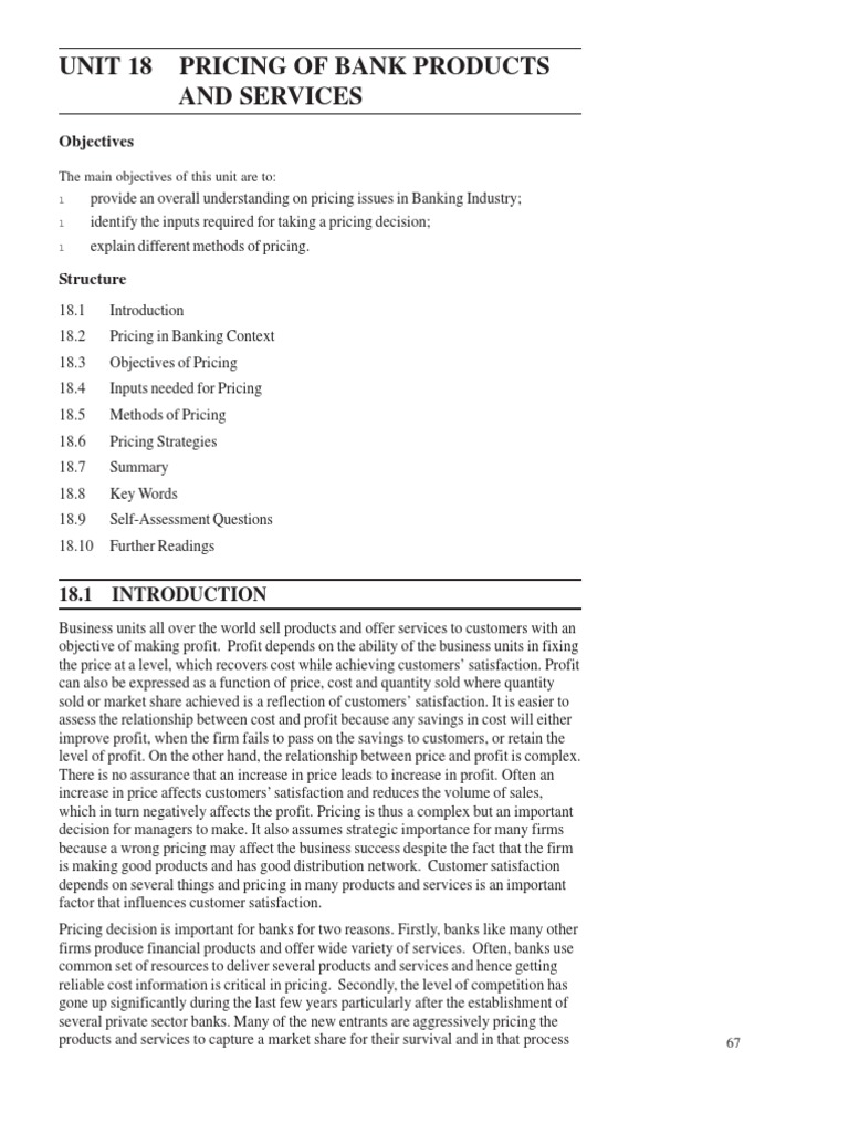 Unit 18 Pricing of Bank Products and Services: Objectives | PDF ...