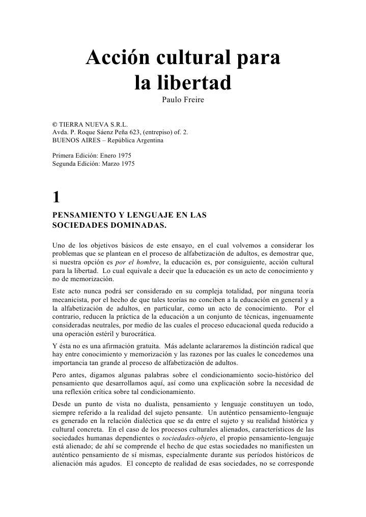 Freire, Paulo. Acción Cultural para La Libertad. Cap.1 Pensamiento y ...