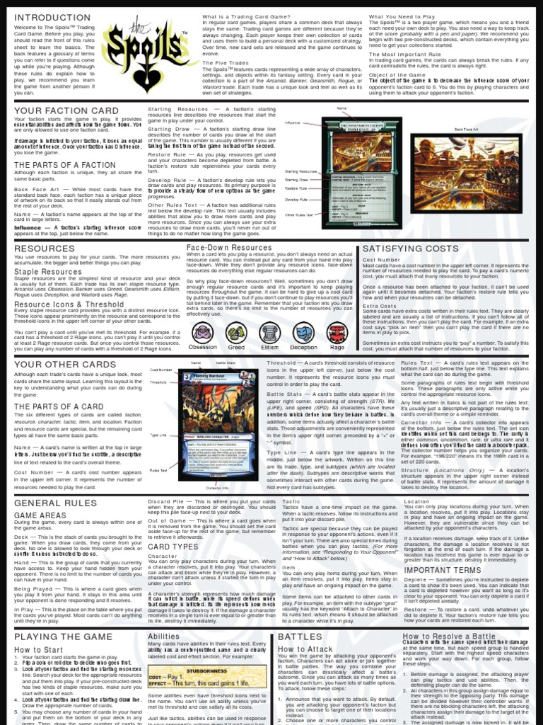 The Spoils Basic Rules | PDF | Playing Cards | Reserved Word