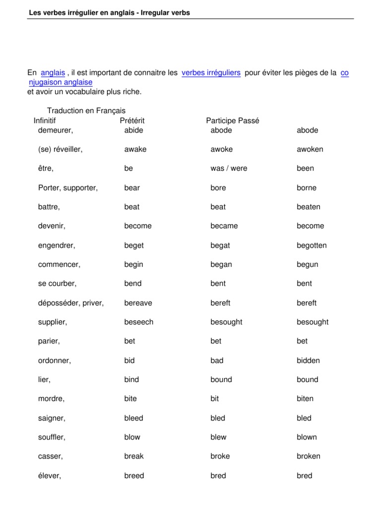 23 Les Verbes Irregulier en Anglais Irregular Verbs PDF | PDF ...