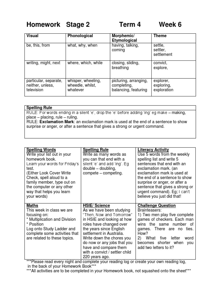 Grade 4 Homework Overview: Term 4 | PDF