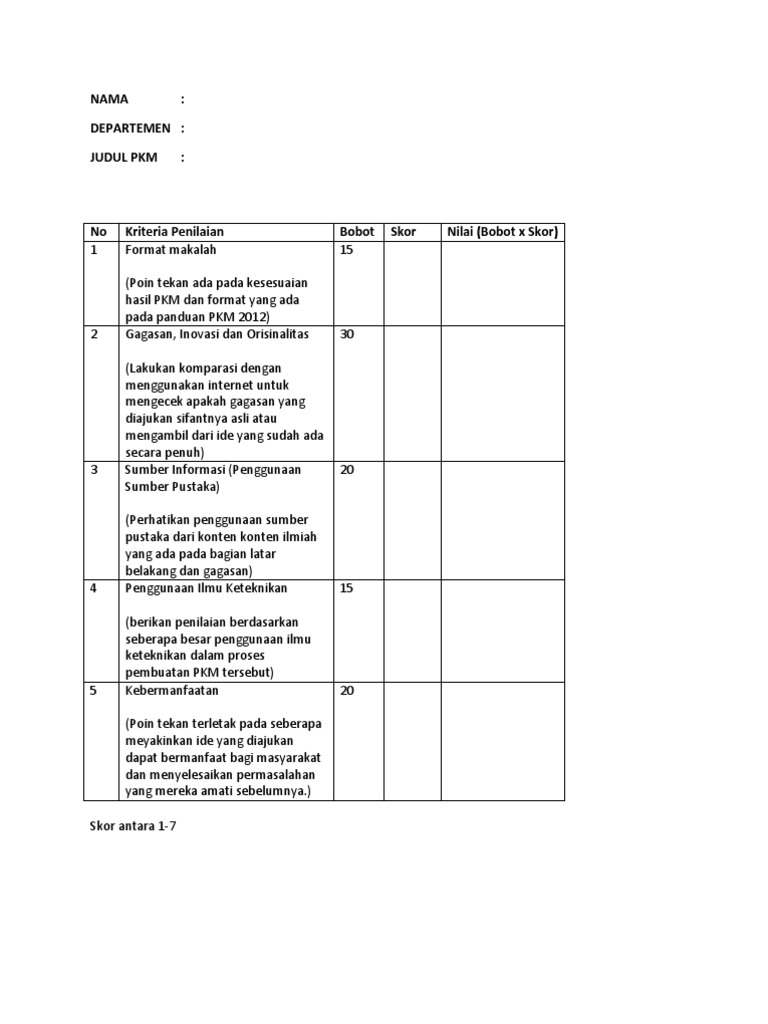Borang Penilaian PKM GT MABA | PDF