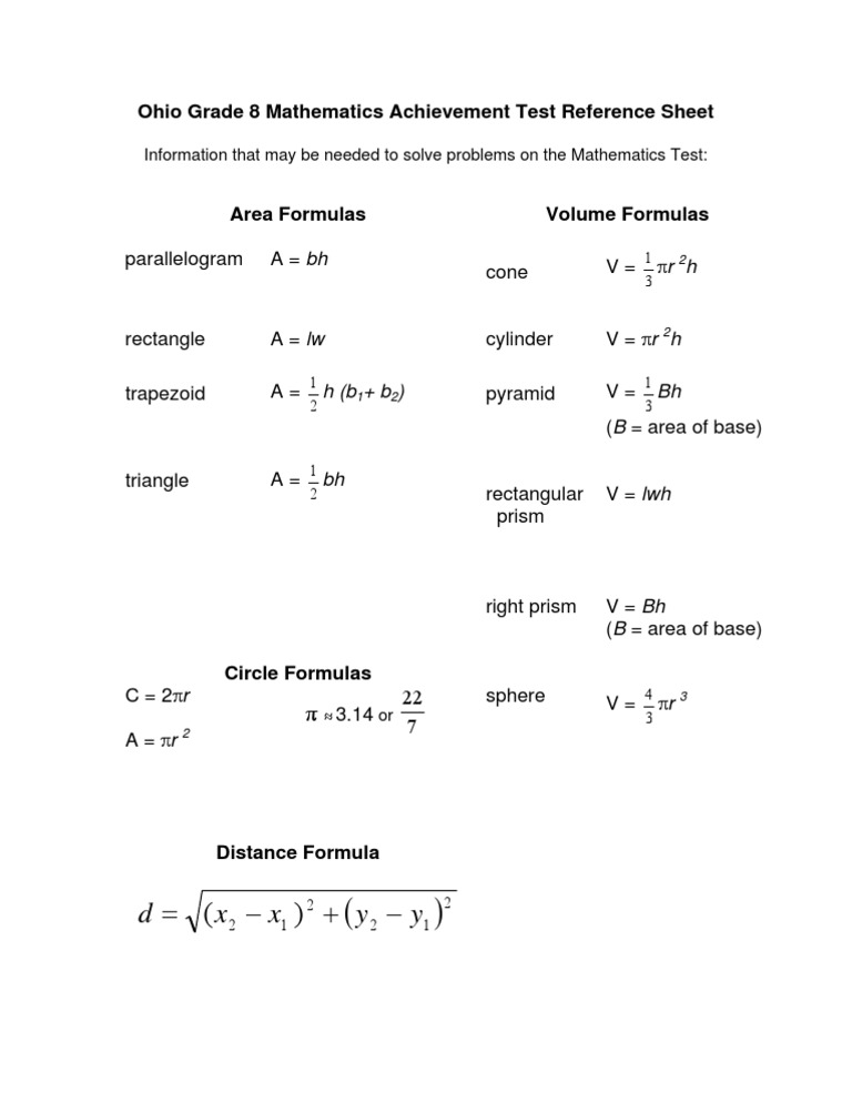 Ohio 8th Grade Math Test Reference Sheet | PDF | Science & Mathematics ...