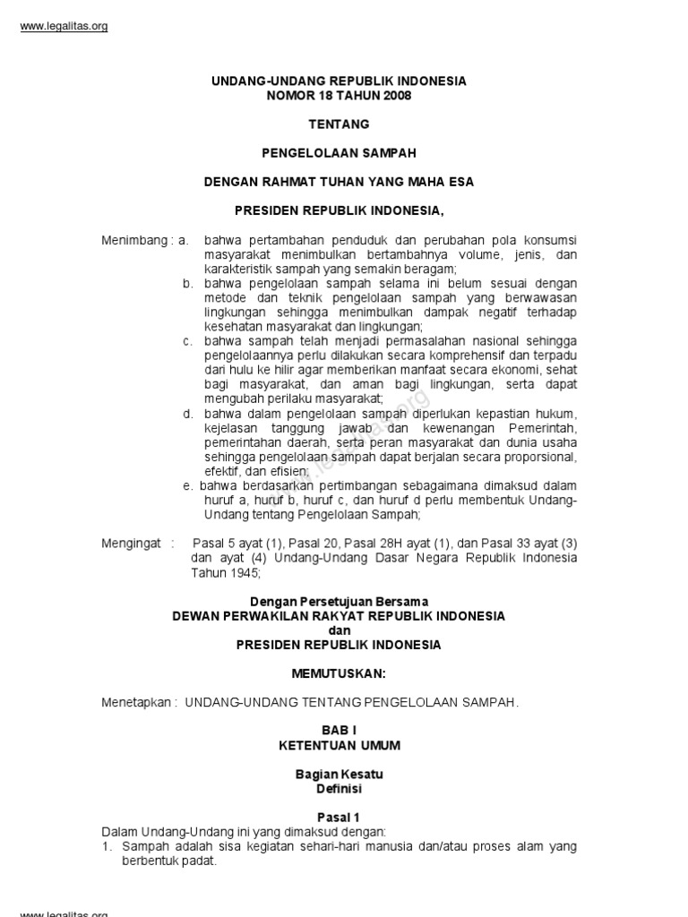 Undang-Undang Nomor 18 Tahun 2008 Tentang Pengelolaan Sampah | PDF