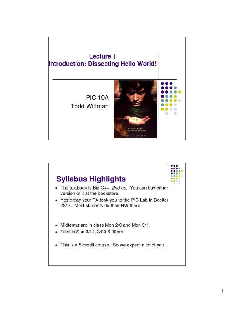 Syllabus Highlights: Introduction: Dissecting Hello World! | PDF | Computer Program | Programming