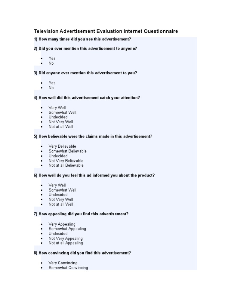 TV Ad Evaluation Survey Questionnaire | PDF | Advertising | Social ...