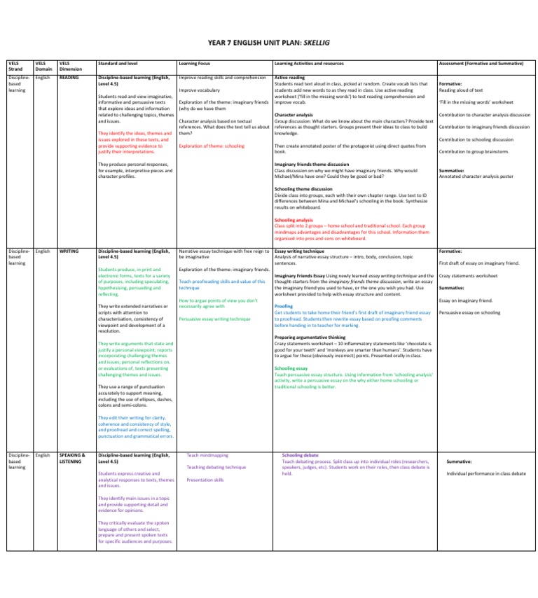 Skellig Unit Plan | PDF | Essays | Proofreading