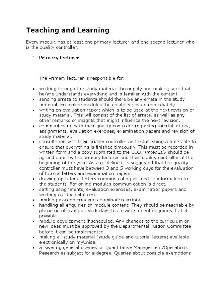 Primary Lecturer Responsibilities in Education | PDF | Tutorial | Test ...