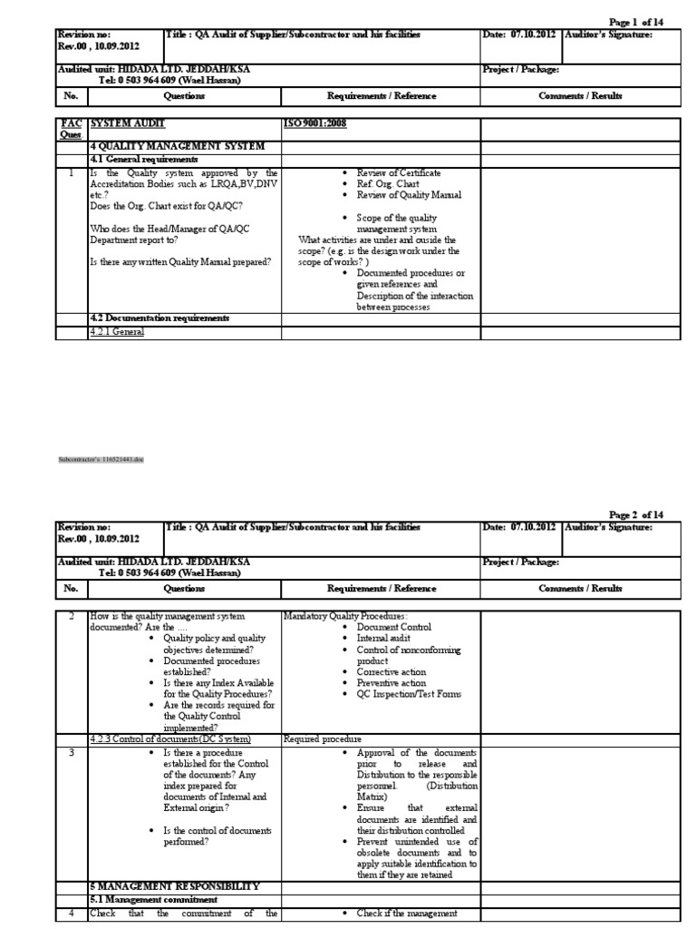 (Subcontractor) QMS Audit Checklist ISO 9001 - 2008 Rev 0 | PDF ...