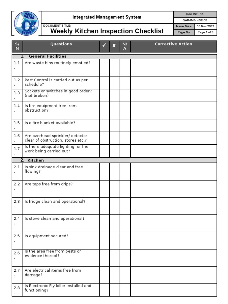 Weekly Kitchen Inspection Checklist | PDF | Kitchen | Building Engineering