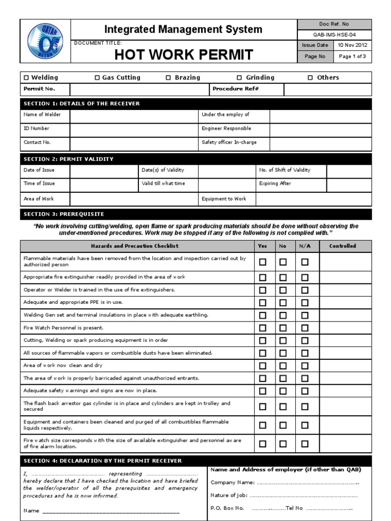 HSE-04 - Hot Work Permit | Download Free PDF | Flammability | Welding