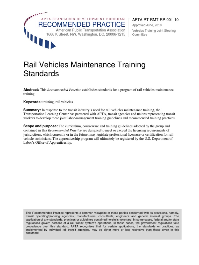 Rail Vehicles Maintenance Training Standards: Recommended Practice ...