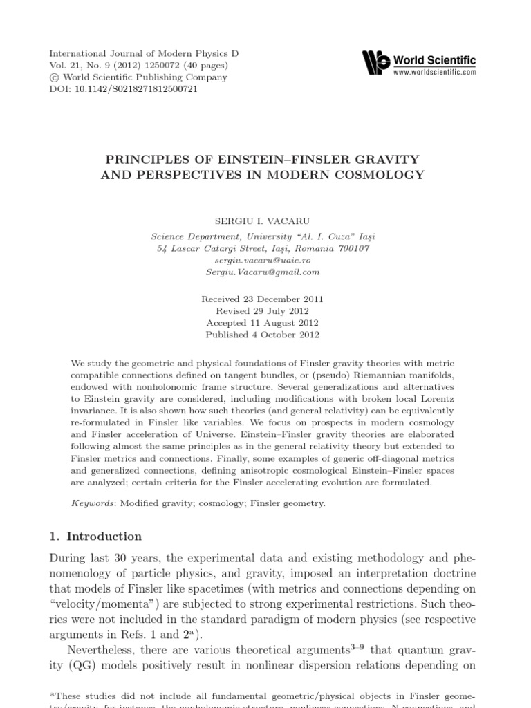 Principles of Einstein-Finsler Gravity and Perspectives in Modern Cosmology | PDF | Gravity ...
