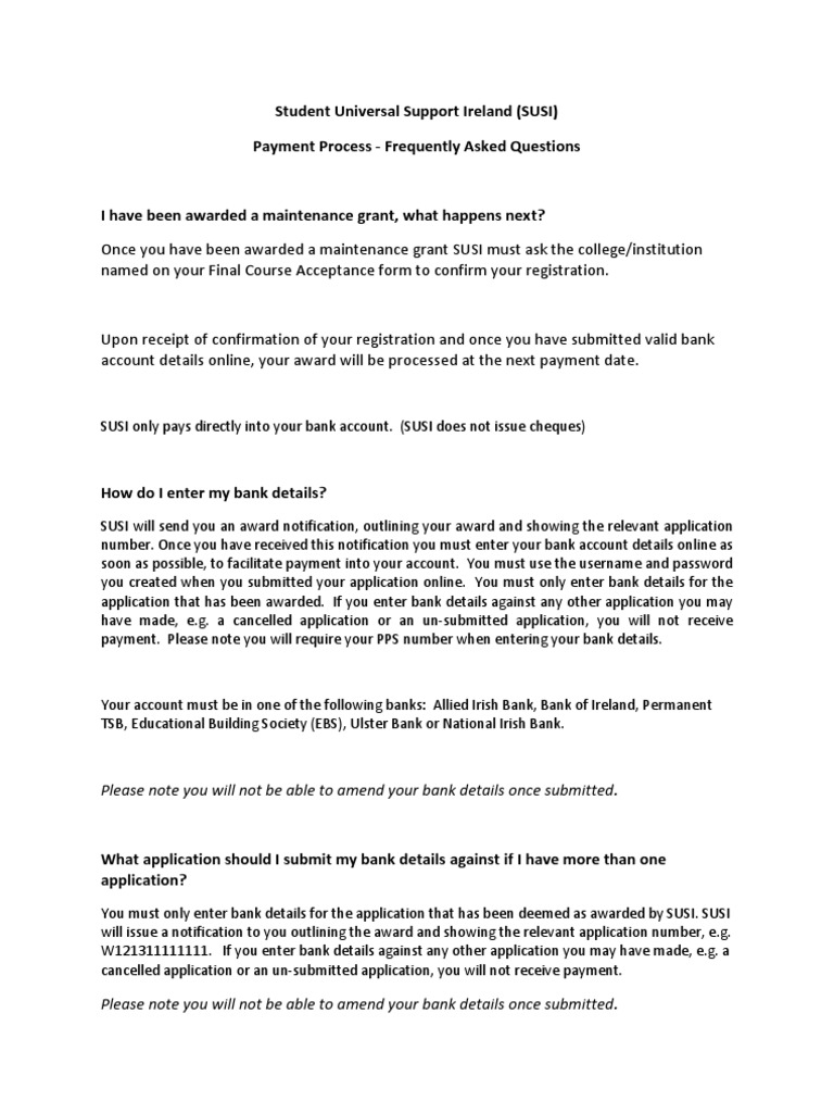 SUSI Grant Payment Process FAQs | PDF | Payments | Republic Of Ireland