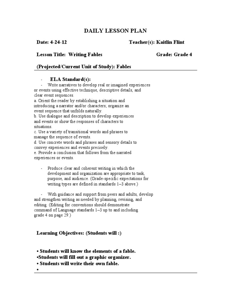 Fable Lesson Plan | PDF | Educational Assessment | Lesson Plan