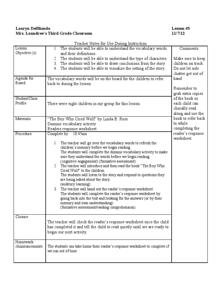 Lesson Plan #3 Mrs. Laundrees Class The Boy Who Cried Wolf | PDF ...