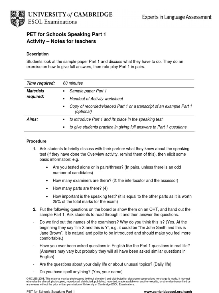 Pet for Schools Speaking Part 1 | Test (Assessment) | English Language ...