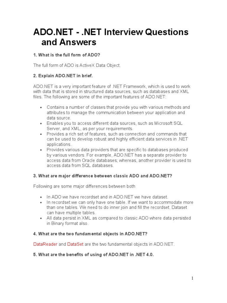And Answers: 1. What Is The Full Form of ADO? | PDF | Language Integrated Query | Entity Framework