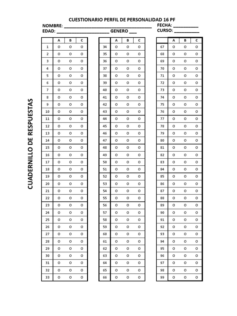 Hoja de Respuestas Test Personalidad 16pf | Esportes