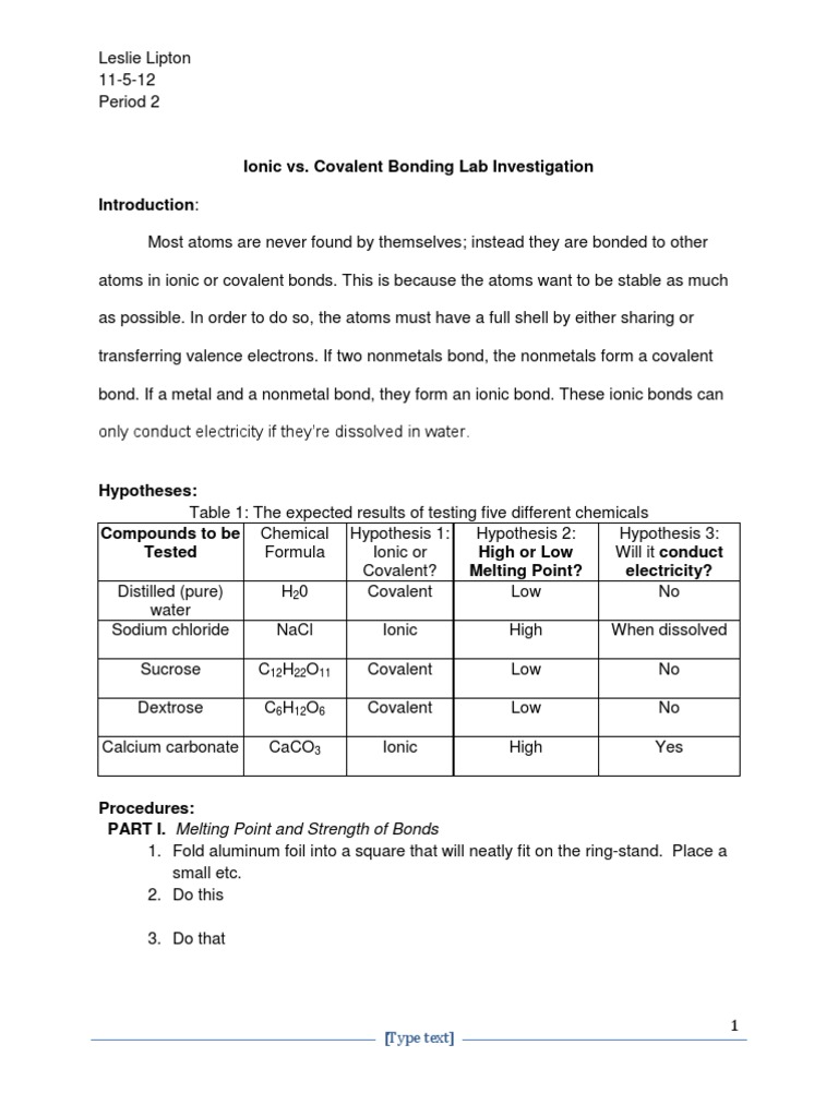 Ionic vs. Covalent Bonding Lab Investigation: PART I. Melting Point and ...