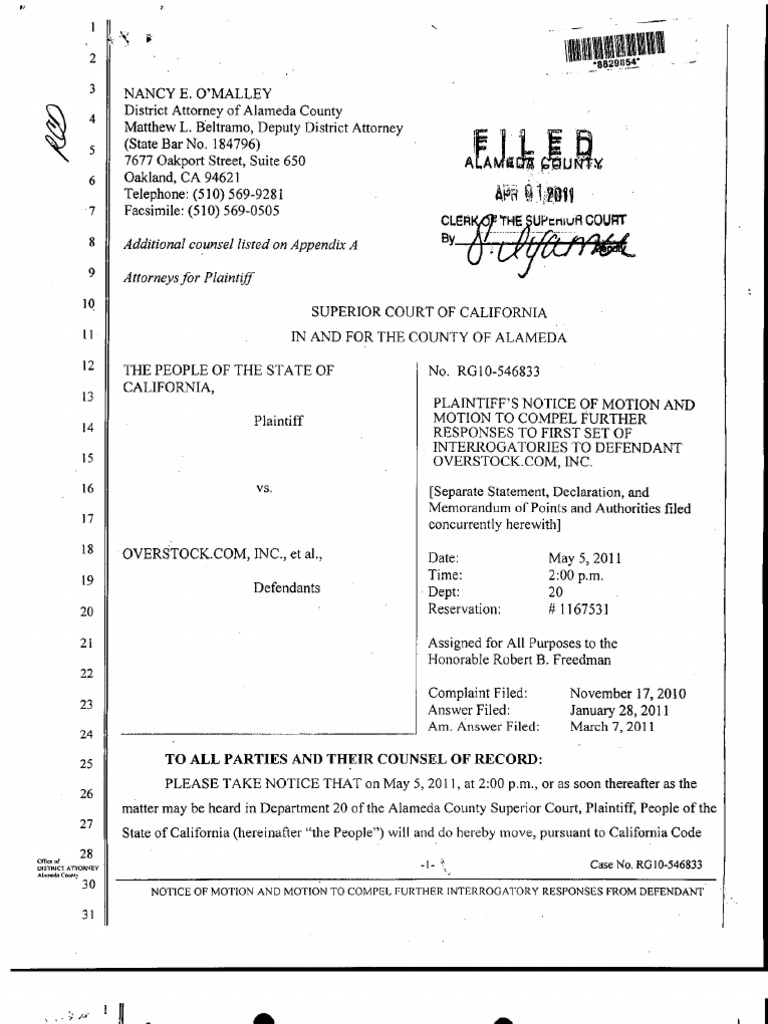 2011 04-01 California vs Overstock.com -Plaintiff's Notice of Motion ... 2011 04-01 California vs Overstock.com -Plaintiff's Notice of Motion ...