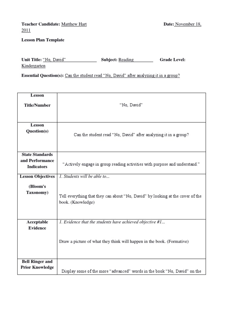 No David Lesson Plan | PDF | Educational Assessment | Lesson Plan