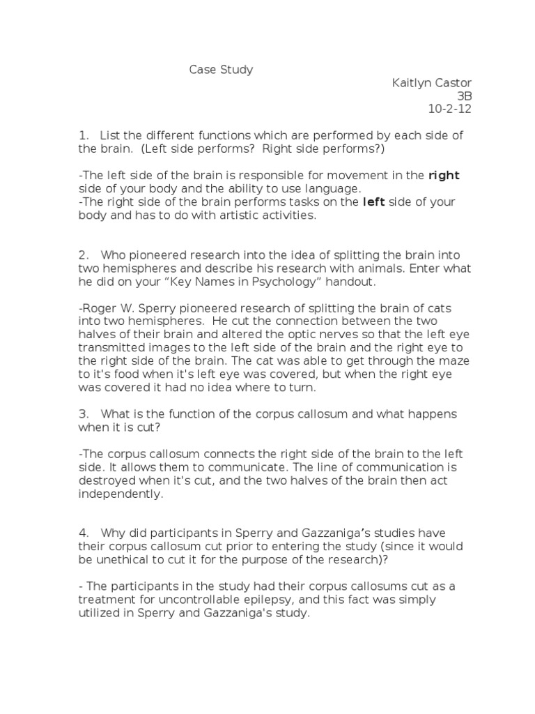 Case Study on Split-Brain Research and the Corpus Callosum: Functions ...
