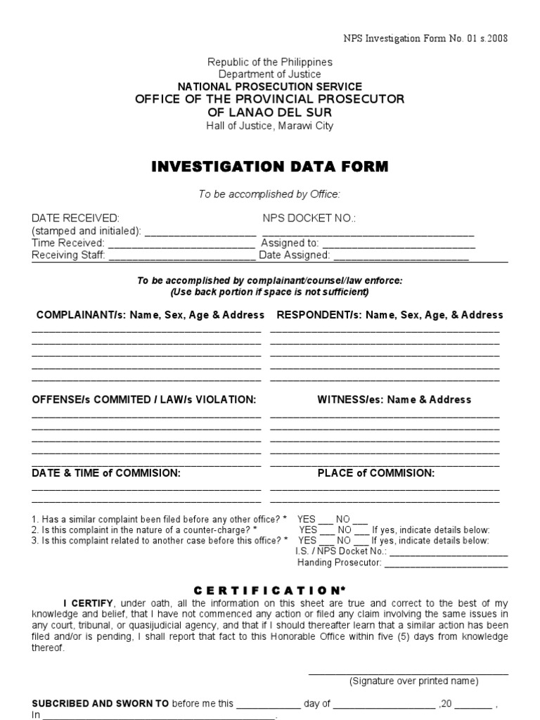 Investigation Data Form PDF Prosecutor Complaint