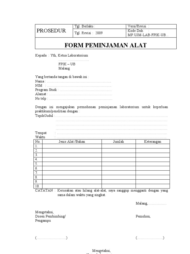 Contoh Form Peminjaman Barang - Perumperindo.co.id