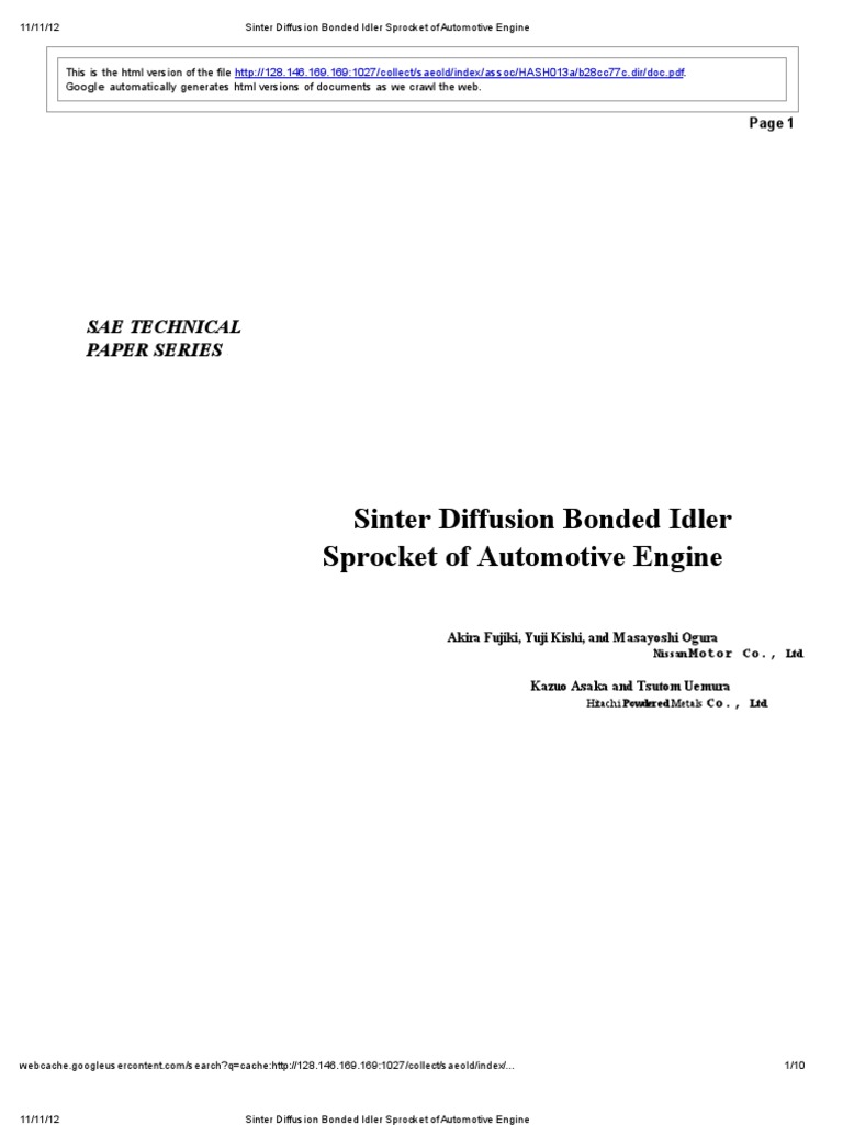 Sinter Diffusion Bonded Idler Sprocket of Automotive Engine | PDF ...