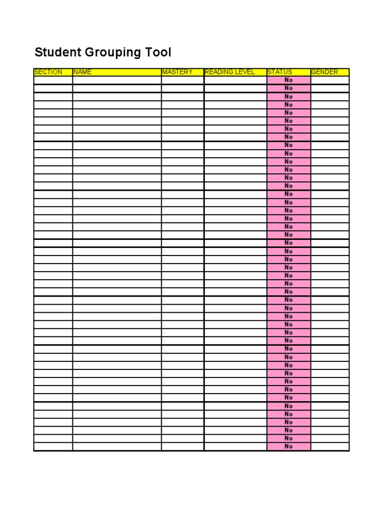 Student Grouping Tool: Section Name Mastery Reading Level Status Gender ...