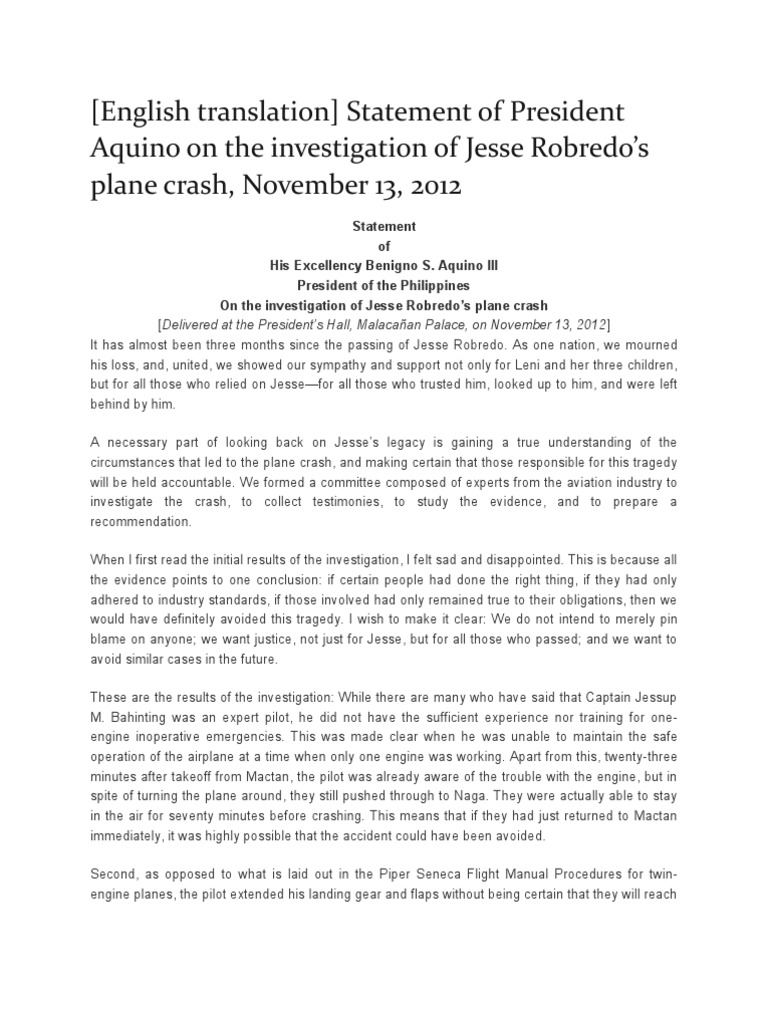 Statement of President Aquino On The Investigation of Jesse Robredo's ...