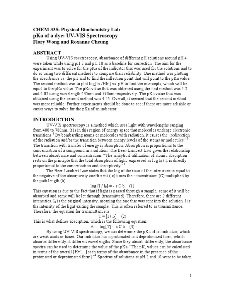 Determining pKa of an Indicator Using UV-VIS | PDF | Acid Dissociation ...