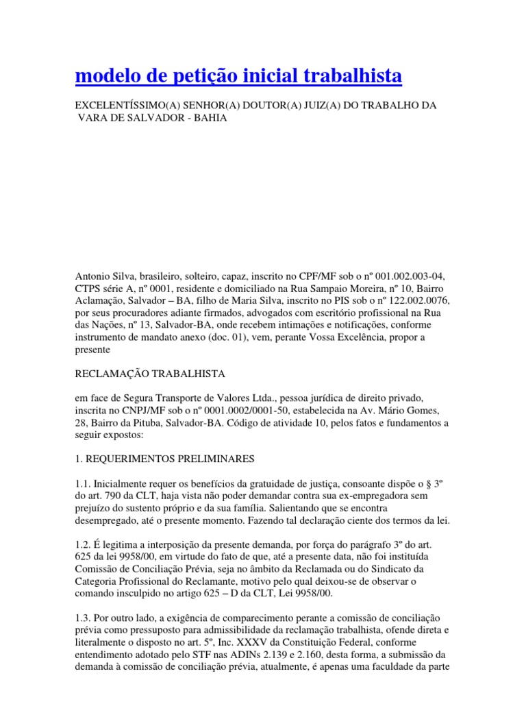 Modelo de Petição Inicial Trabalhista | PDF | Hora extra | Férias ...