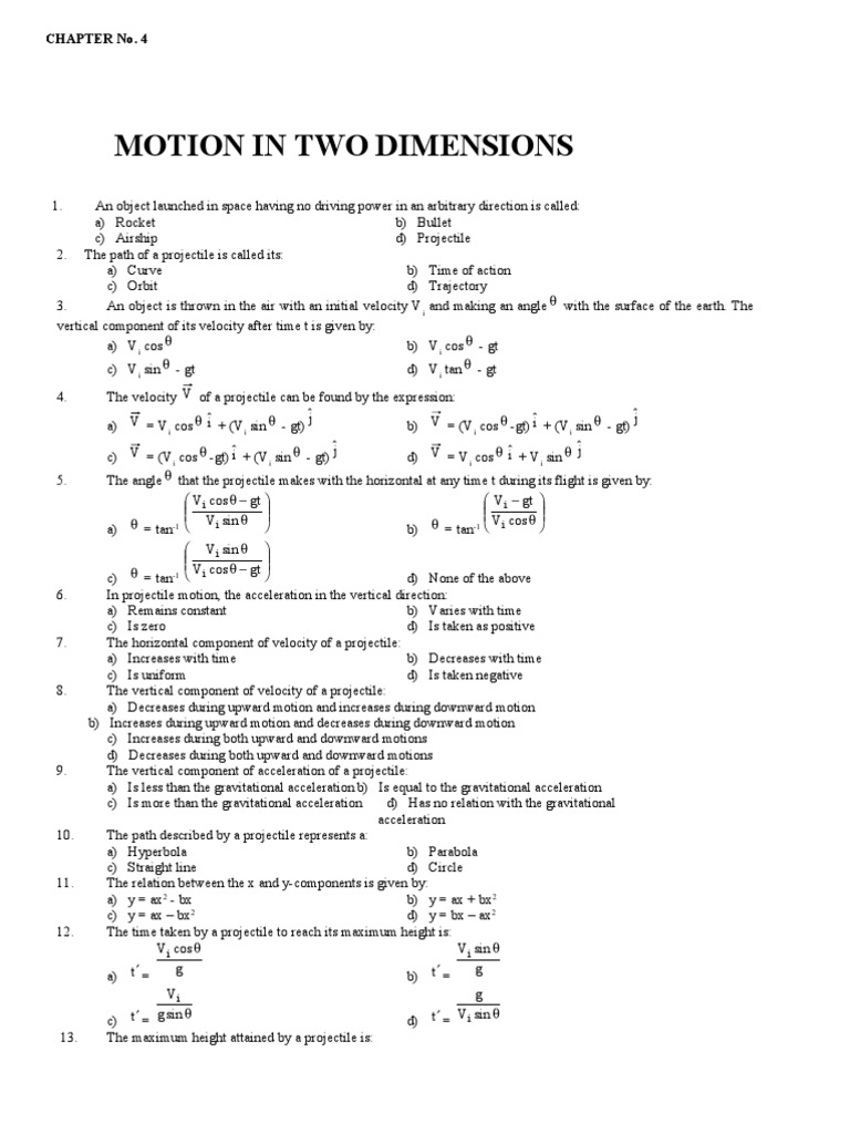 MCQs on Projectile Motion for Class 11 | PDF | Acceleration | Rotation ...