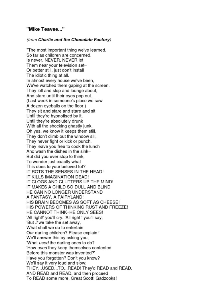 "Mike Teavee... ": (From Charlie and The Chocolate Factory) | PDF