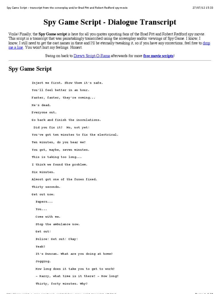 Spy Game Script - Transcript From The Screenplay And:or Brad Pitt and ...