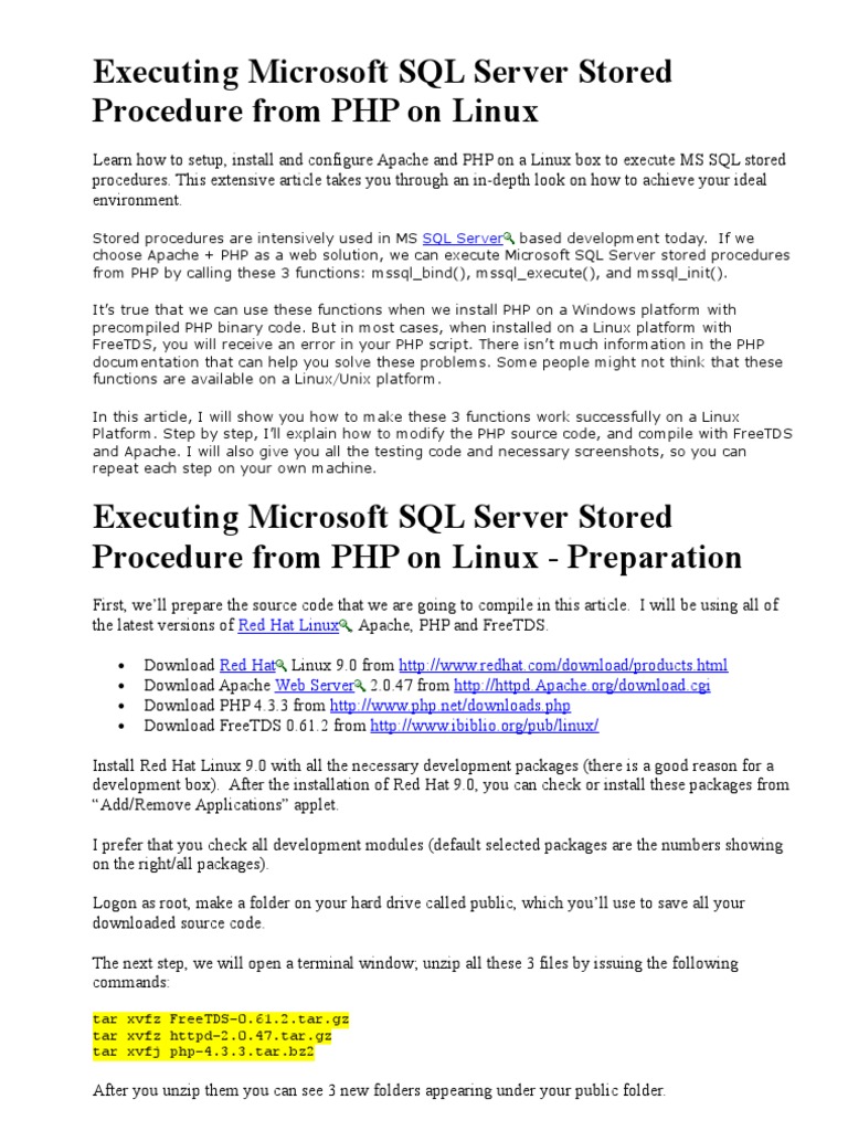 Executing Microsoft SQL Server Stored Procedure From PHP On Linux | PDF | Php | Microsoft Sql Server