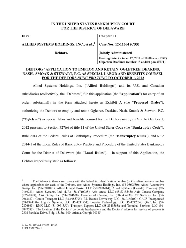 Hearing Date: October 22, 2012 at 10:00 A.M. (EDT) Objection Deadline ...