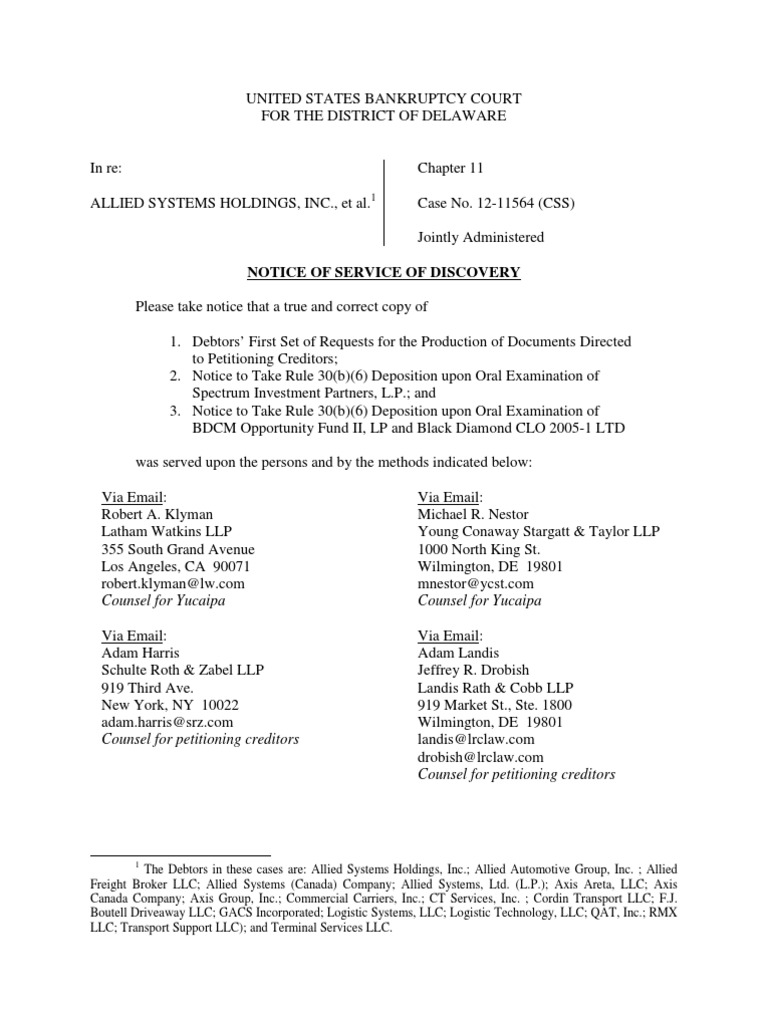 Notice of Service of Discovery: Counsel For Yucaipa Counsel For Yucaipa ...